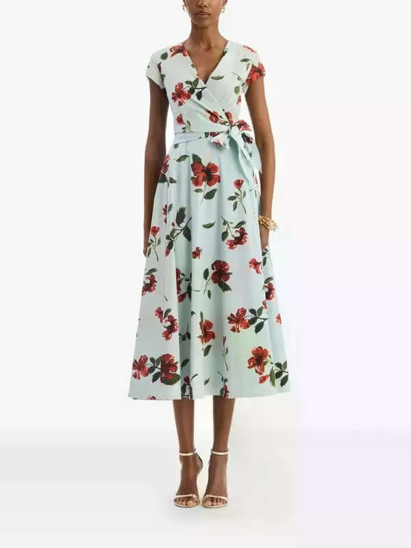 Oscar De La Renta Hibiscus Cotton Poplin Wrap Dress - Blue