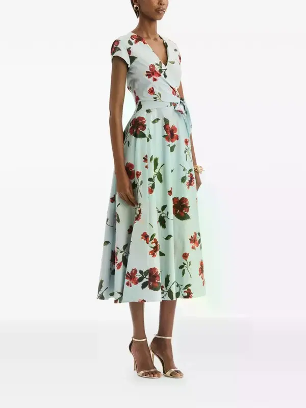 Oscar De La Renta Hibiscus Cotton Poplin Wrap Dress - Blue