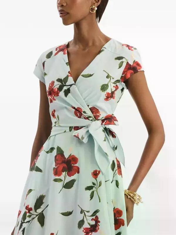 Oscar De La Renta Hibiscus Cotton Poplin Wrap Dress - Blue