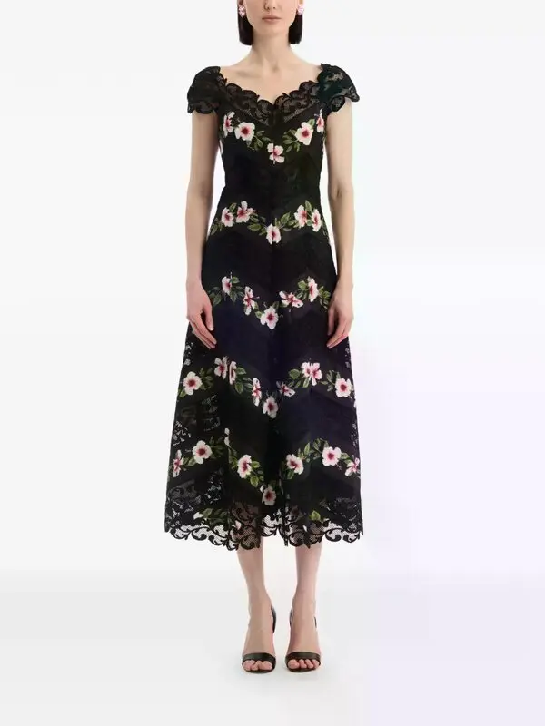 Oscar De La Renta Chiné Hibiscus Floral Lace Midi Dress