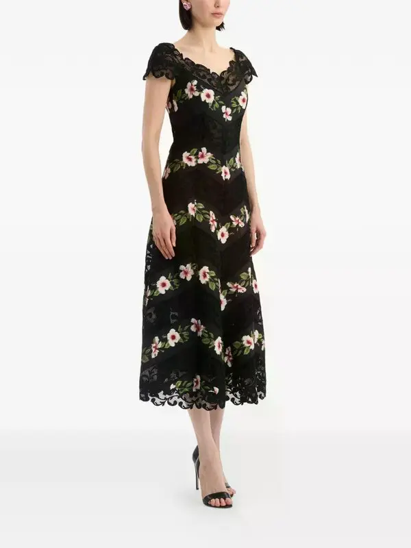 Oscar De La Renta Chiné Hibiscus Floral Lace Midi Dress
