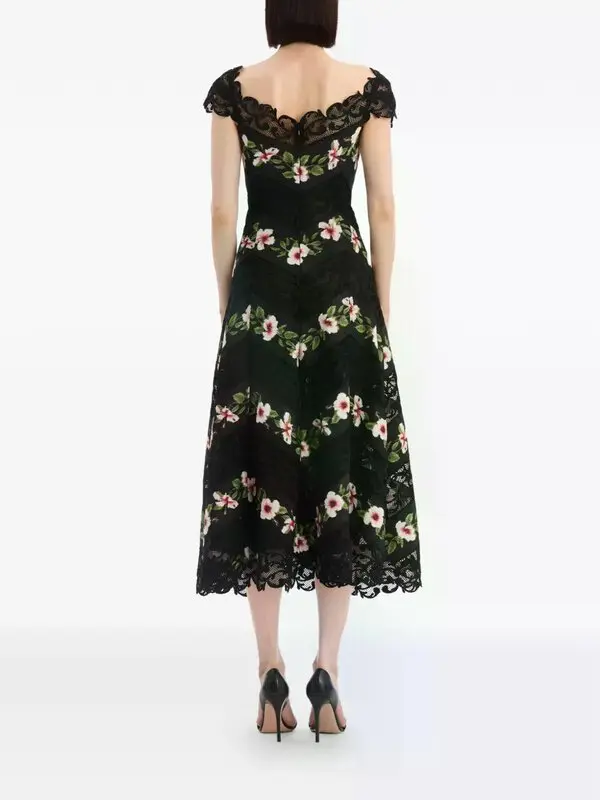 Oscar De La Renta Chiné Hibiscus Floral Lace Midi Dress