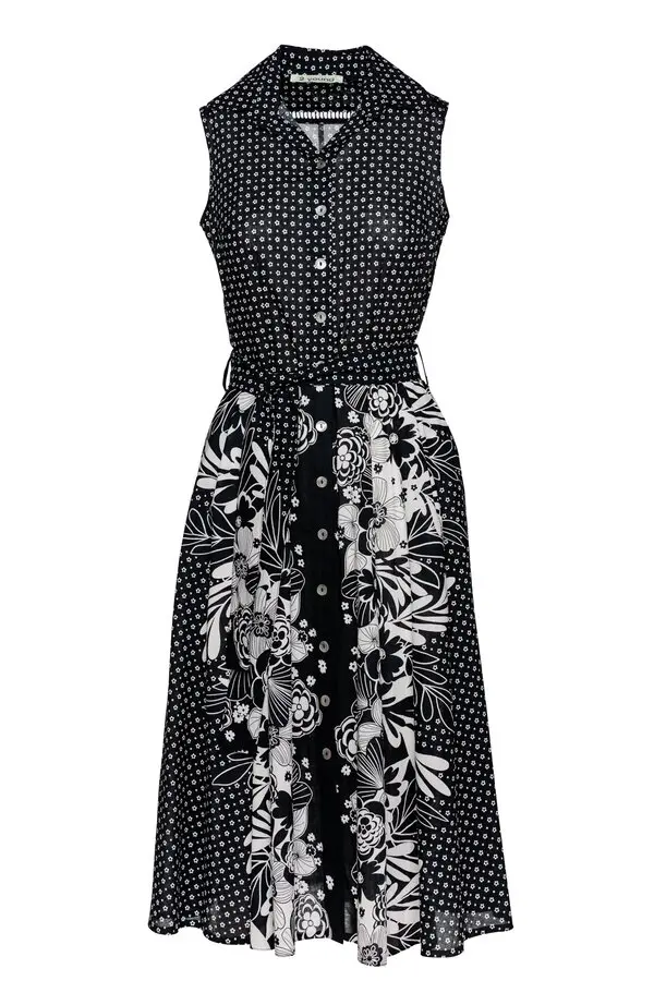 CONQUISTA Sleeveless Button Detail Print Dress - Black