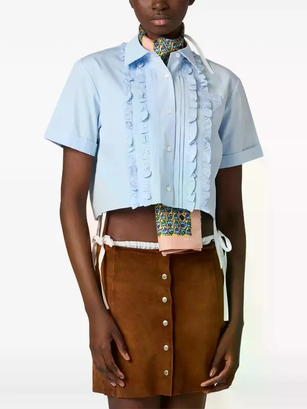 Miu Miu Cropped Poplin Shirt With Ruffle Detail - Blue