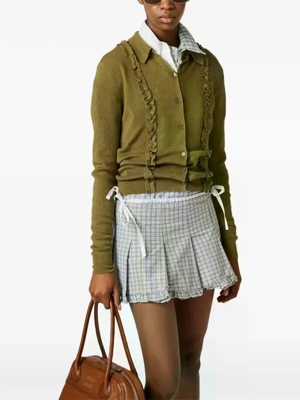 Miu Miu Cashmere And Silk Cardigan With Crochet And Ruffle Details - Green