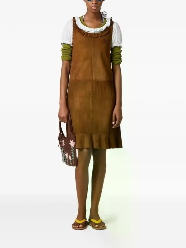 Miu Miu Waxed Suede Dress With Ruffled Accents - Brown