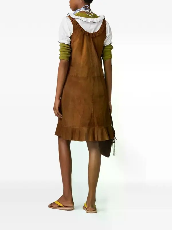 Miu Miu Waxed Suede Dress With Ruffled Accents - Brown