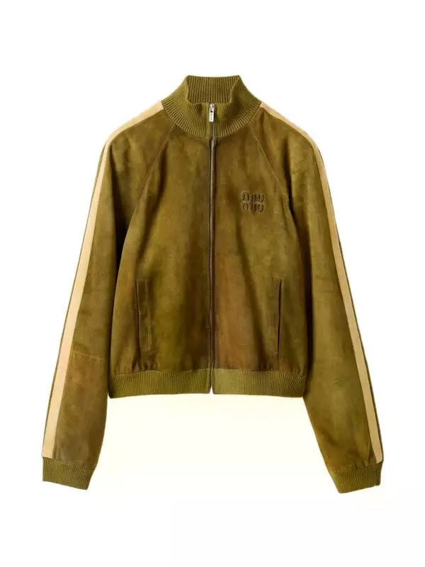 Miu Miu Waxed Suede Zip-up Jacket With Contrasting Sleeves - Green