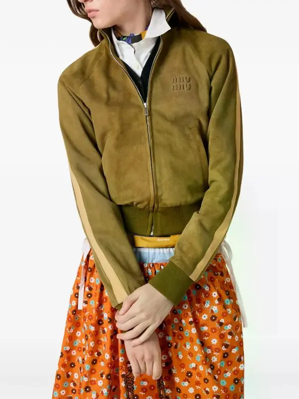 Miu Miu Waxed Suede Zip-up Jacket With Contrasting Sleeves - Green