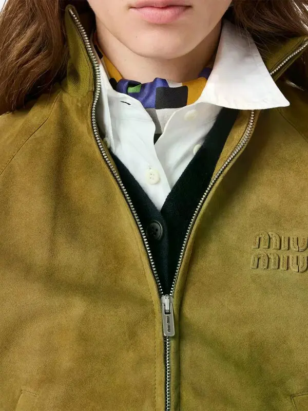Miu Miu Waxed Suede Zip-up Jacket With Contrasting Sleeves - Green