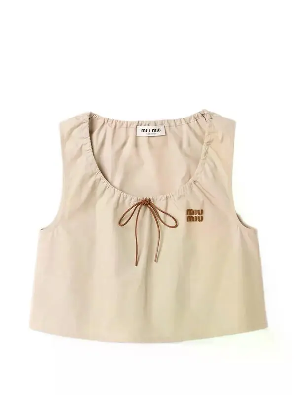 Miu Miu Panama Cotton Cropped Top With Leather Tie Detail - Neutrals