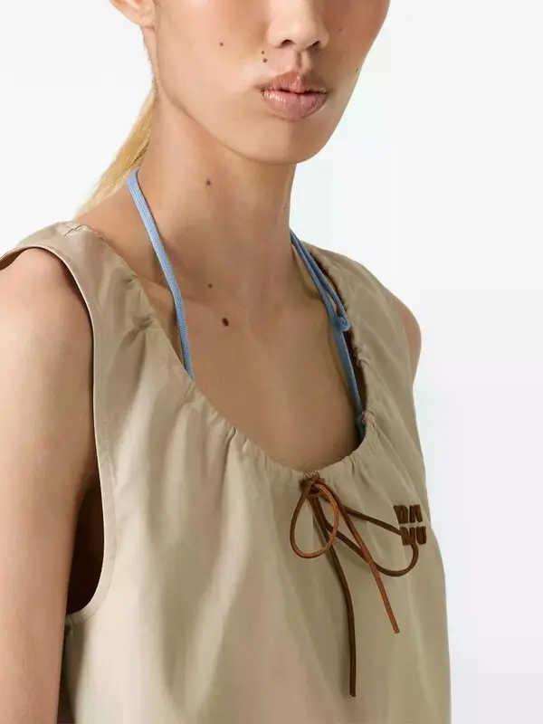 Miu Miu Panama Cotton Cropped Top With Leather Tie Detail - Neutrals
