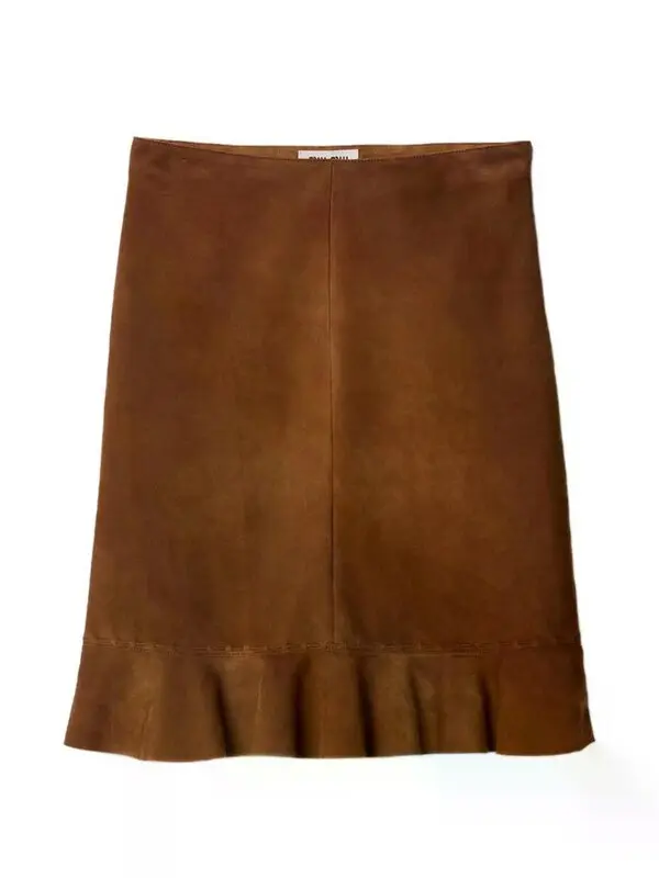 Miu Miu Waxed Suede Skirt With Ruffled Hem - Brown