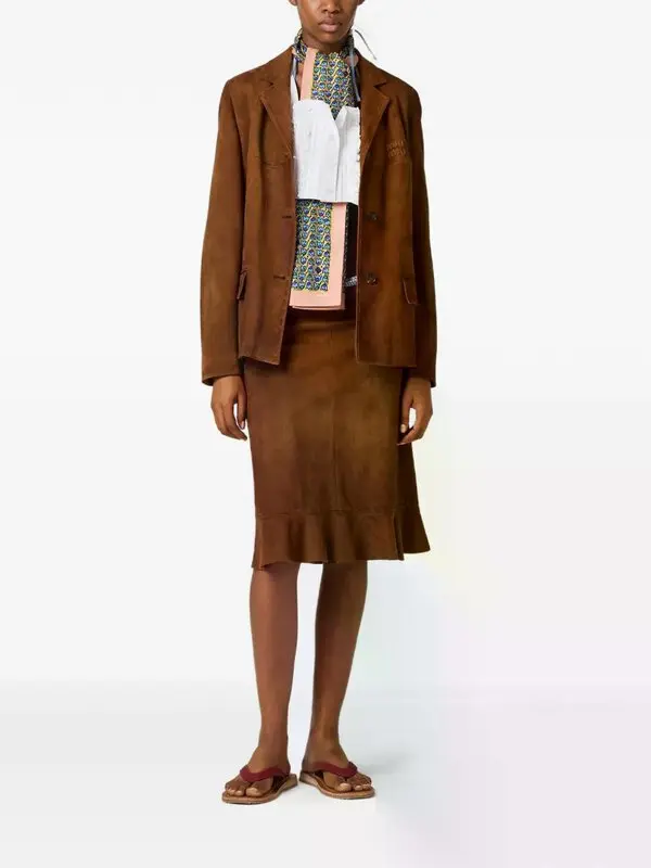 Miu Miu Waxed Suede Skirt With Ruffled Hem - Brown