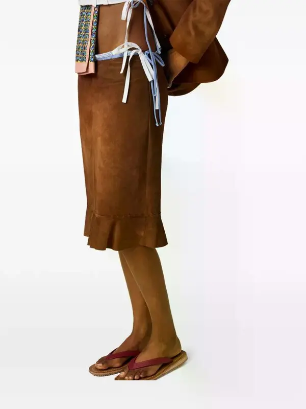Miu Miu Waxed Suede Skirt With Ruffled Hem - Brown