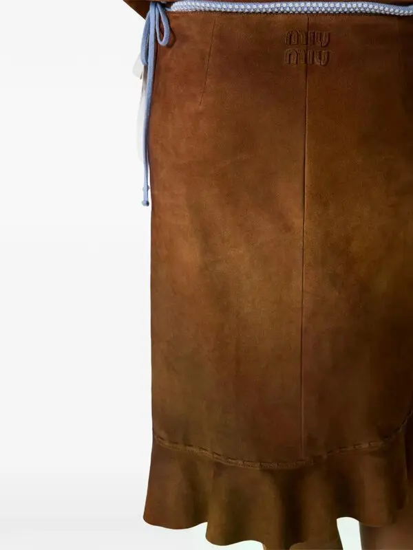 Miu Miu Waxed Suede Skirt With Ruffled Hem - Brown