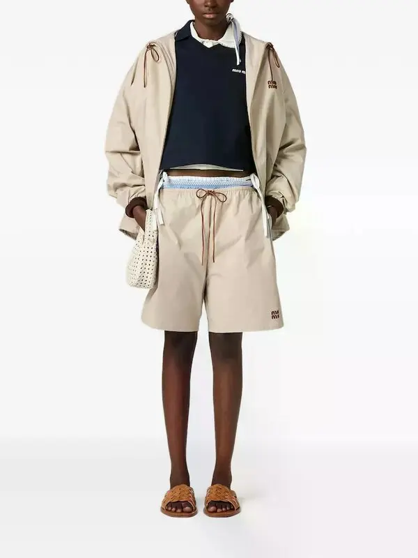 Miu Miu Panama Cotton Bermuda Shorts With Leather Tie Detail - Neutrals