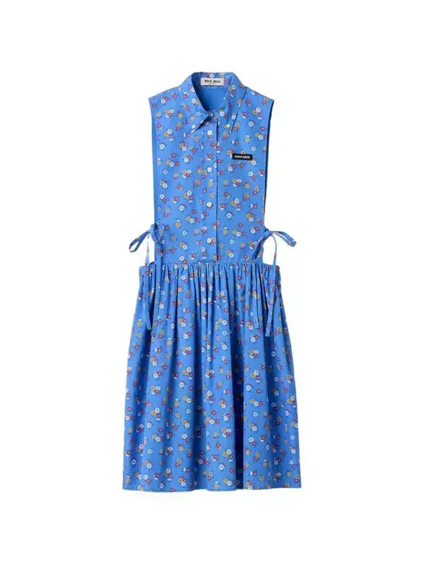 Miu Miu Sleeveless Floral Print Poplin Dress - Blue