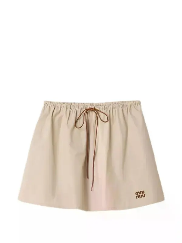 Miu Miu Panama Cotton Flared Skirt With Leather Tie Detail - Neutrals