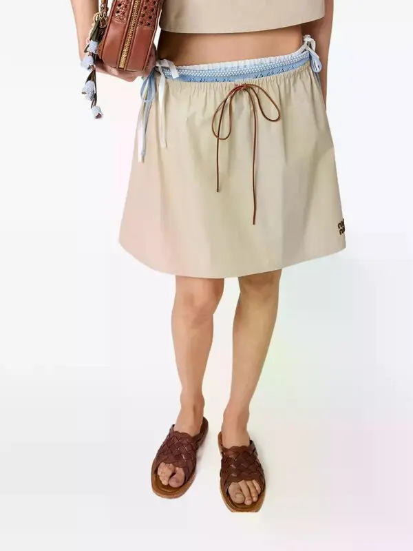 Miu Miu Panama Cotton Flared Skirt With Leather Tie Detail - Neutrals