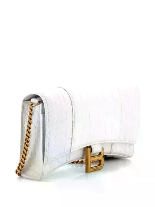 Balenciaga Hourglass Chain Wallet Crocodile Embossed Leather Clutch Bag - White