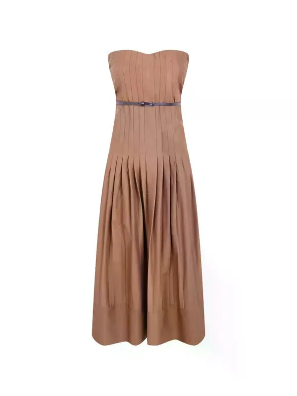 SEMICOUTURE Belted Strapless Sweetheart Neck Cotton Dress - Neutrals