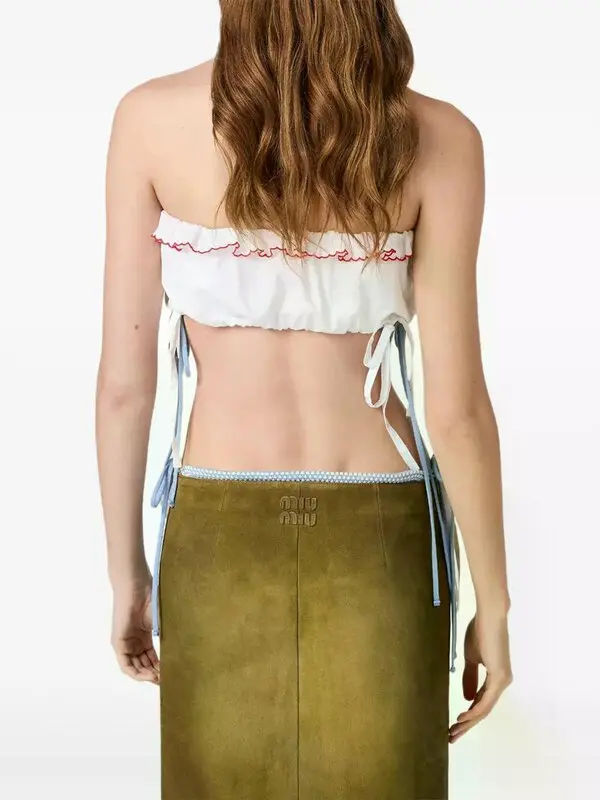 Miu Miu Embroidered Poplin Bandeau Top With Ruffle Detailing - White