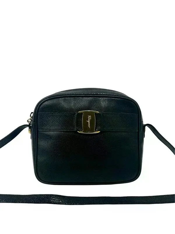 FERRAGAMO Embossed Lizard Leather Vara Crossbody Bag - Black