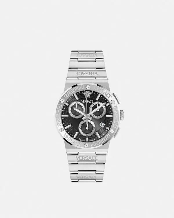 Versace Greca Logo Chronograph Watch - Black+silver