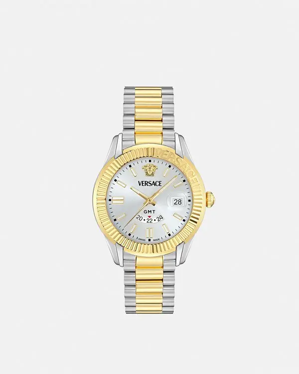 Versace Two-tone Stainless Steel Watch With Medusa And Gmt Function - Gold+silver
