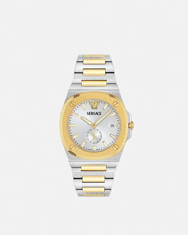 Versace Tolomeo Watch With Geometric Case And Greca Pattern - Gold+silver