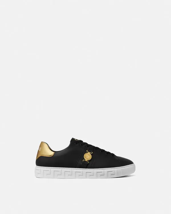 Versace Greca Leather Sneakers With Medusa Hardware - Black