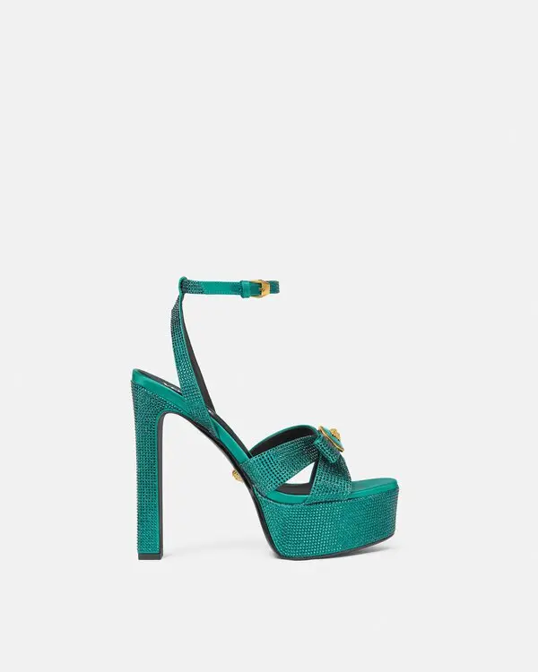 Versace Ribbon Embellished Satin Platform Sandals - Turquoise