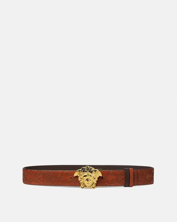 Versace La Medusa Leather Reversible Belt - Brown+gold
