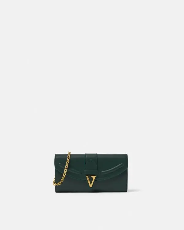 Versace V Leather Wallet On Chain - Green