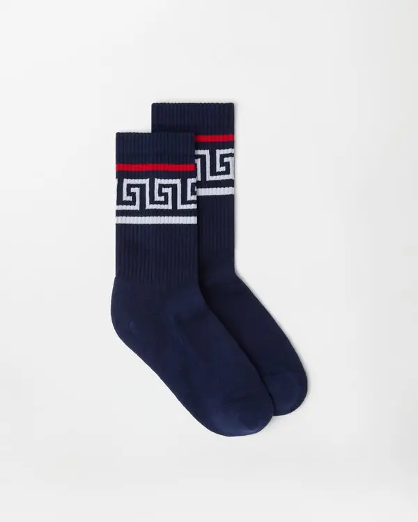 Versace Cotton Ribbed Socks With Greca Pattern - Blue