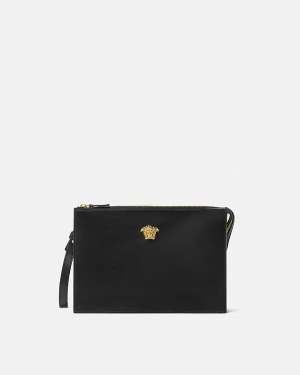 Versace La Medusa Leather Pouch With Wrist Strap - Black+gold