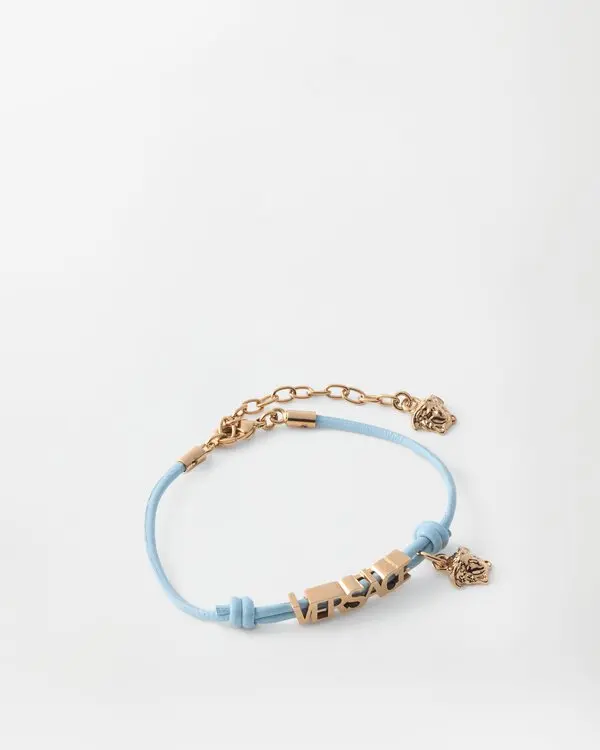 Versace Knotted Leather Bracelet With Medusa Charm - Light Blue