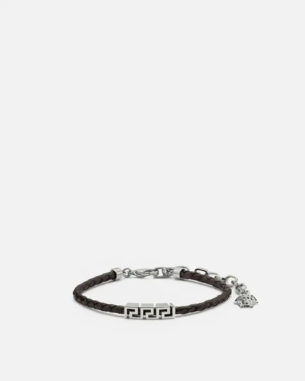 Versace Greca Leather Bracelet - Brown+silver