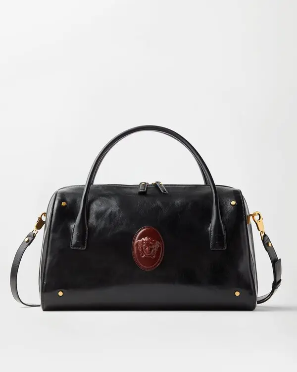 Versace Large Leather Duffel Bag With Medusa Cameo - Black+brown
