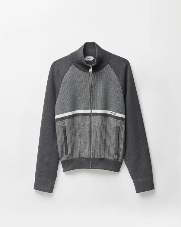 Versace Embroidered Jacquard Cotton Knit Zip Sweater - Gray