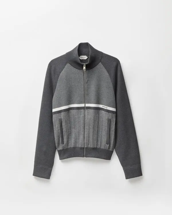 Versace Embroidered Jacquard Cotton Knit Zip Sweater