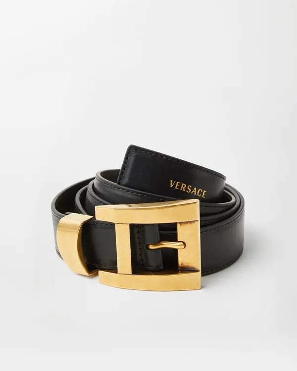 Versace Leather Belt With Gold Tone Buckle - Black
