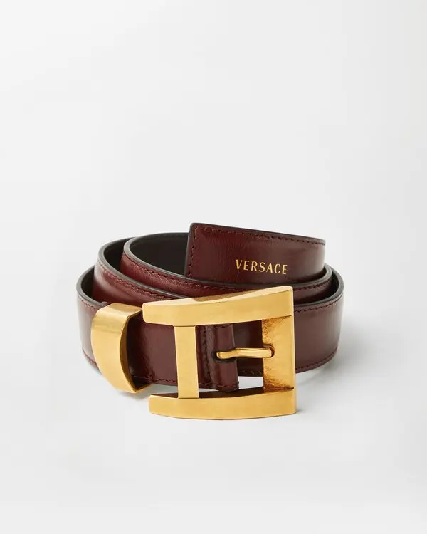 Versace Leather Belt With Gold Tone Buckle - Brown