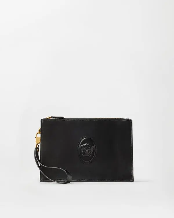 Versace Calf Leather Pouch With Medusa Cameo - Black