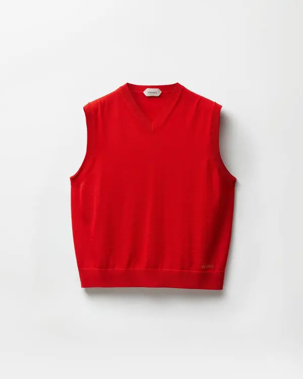 Versace Embroidered Wool Knit Vest - Red
