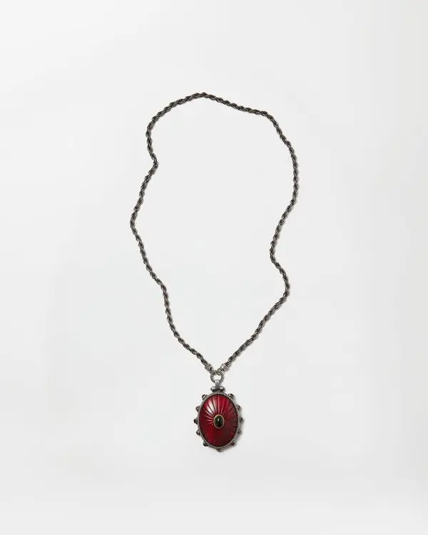 Versace Tivoli Long Necklace With Resin Cameo Pendant - Silver+red