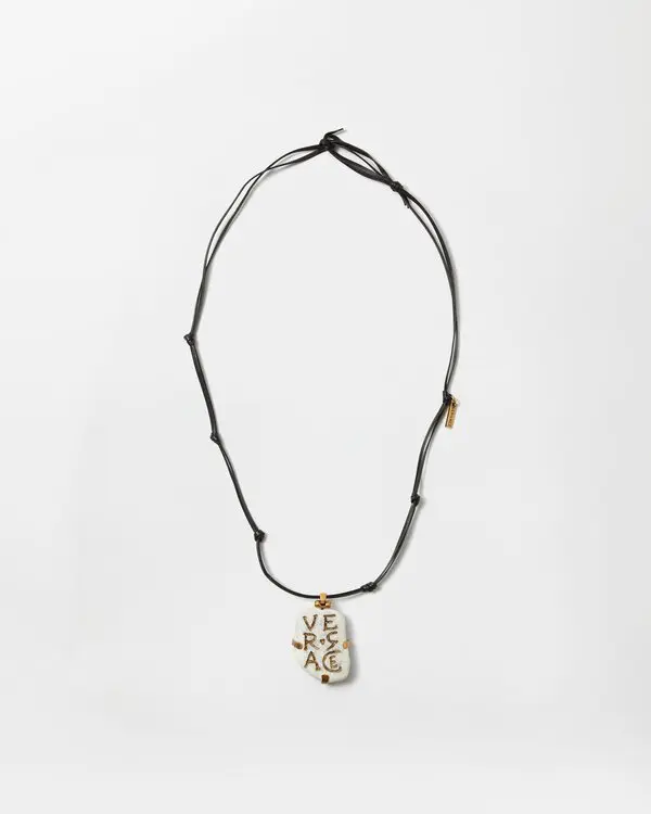 Versace Ruina Necklace With Carved Stone Pendant - Black+gold