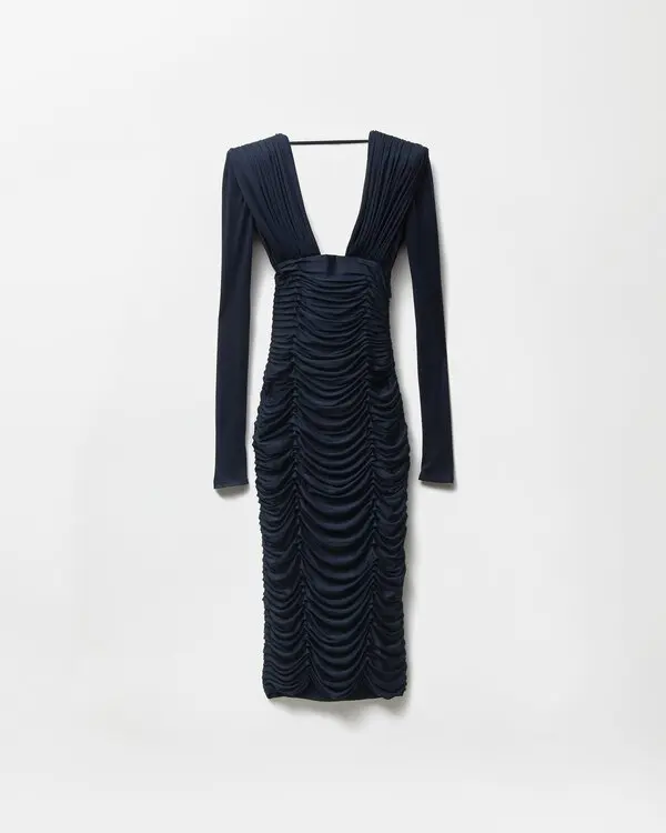 Versace Draped Silk Crêpe Jersey Midi Dress - Navy