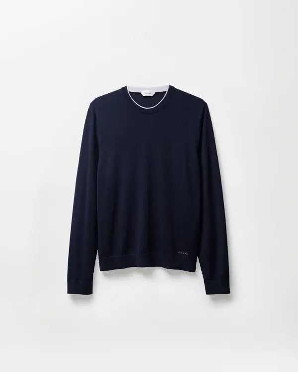 Versace Embroidered Wool Knit Crewneck Sweater - Blue